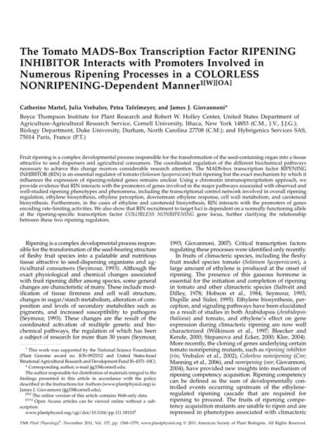 Pdf The Tomato Solanum Lycopersicum Mads Box Transcription Factor