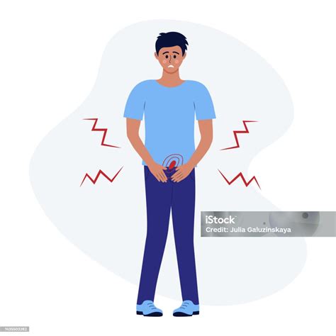 하복부 방광에 통증이있는 남자 남성 캐릭터는 전립선 염 방광염 비뇨기 계통의 통증 요실금 요도염으로 고통받습니다 남자에 대한
