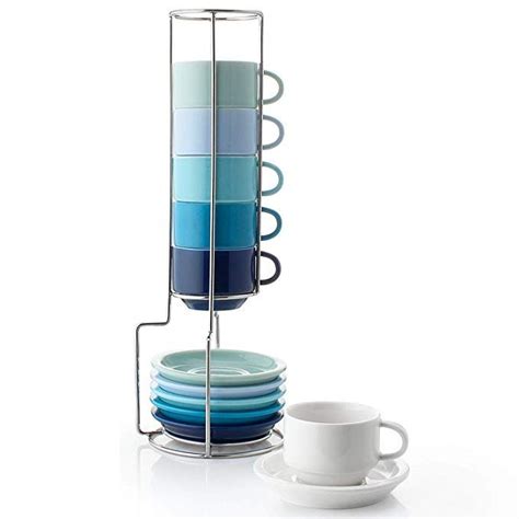 Sweese 404003 Porcelain Stackable Espresso Cups With Saucers And Metal
