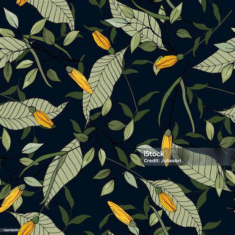 여름 잎과 노란색 이국적인 식물의 무료 그림 꽃과 자연 모티브 매끄러운 하와이 패턴 해변 스타일의 어두운 배경에 녹색 야자 열대 손 그리기 벡터 일러스트 0명에 대한 스톡