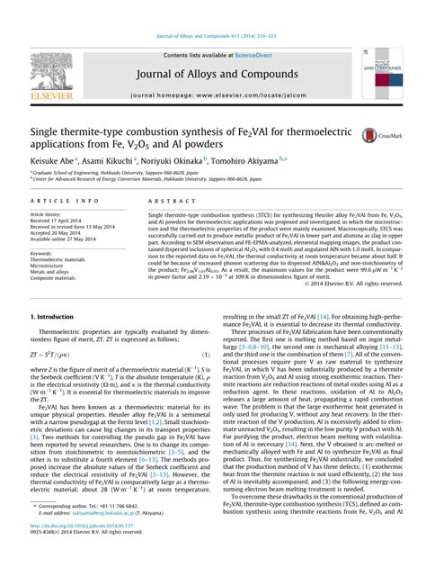 Pdf Single Thermite Type Combustion Synthesis Of Fe2val For Thermoelectric Applications From