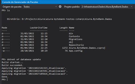 não foi possível executar o comando dotnet ef database update testes