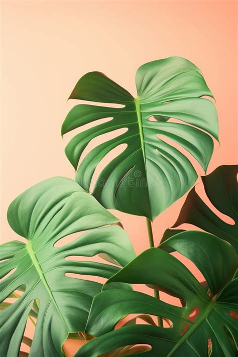 Green Monstera Tropical Leaves On Peach Colored Background Color Of