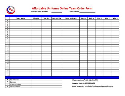 Affordable Uniforms Online Team Order Forms