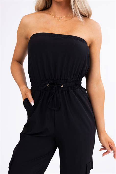 Black Cargo Style Strapless Jumpsuit Lime Lush Boutique