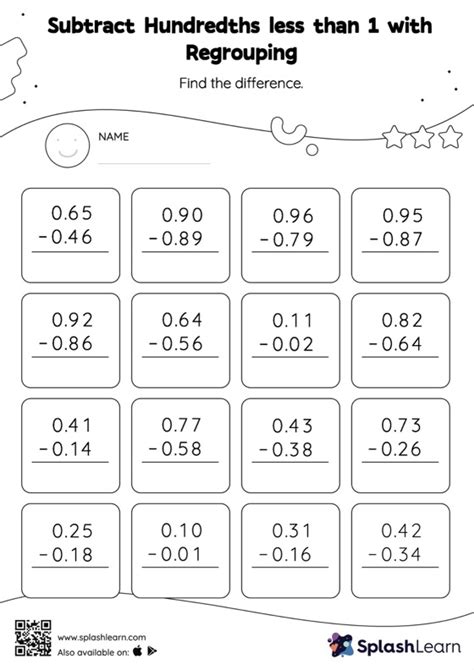 Subtract Hundredths Less Than 1 With Regrouping Vertical Subtraction Worksheet