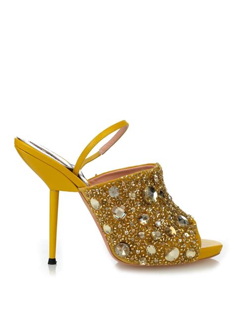 Rochas Crystal Embellished Leather Sandals In Yellow Lyst