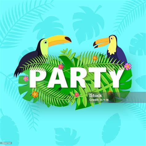 정글 단어 파티 구성 종이 스타일 컷에 파란색 배경에 꽃 큰부리새를 떠난다 열 대 새 하얀 편지 디자인 포스터 배너 전단지 T셔츠 벡터 카드 일러스트 레이 션 0명에 대한