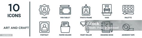 예술 및 공예 개요 아이콘 세트에는 얇은 선 프레임 사진 프레임 팔레트 종이 홀더 드로잉 북 접착 테이프 보고서 프리젠 테이션 다이어그램 웹 디자인을위한 세로 아이콘이