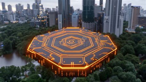 Futuristic Hexagonal Circuit Board Glowing Orange Above City At Dawn Stock Illustration