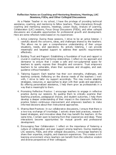 Reflection Notes On Coaching And Mentoring Sessions Meetings Lac Sessions Fgds And Other