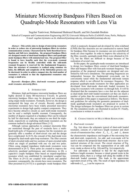 PDF Miniature Microstrip Bandpass Filters Based On Quadruple Mode