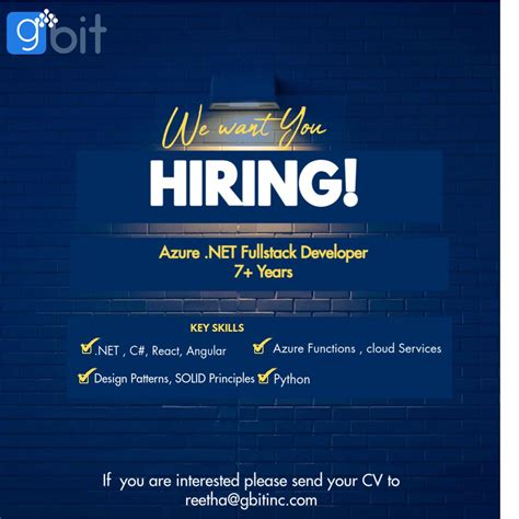 Hiring Azure Dotnet Fullstack Developer Fte Gbit Azure Fullstack India Reactjs