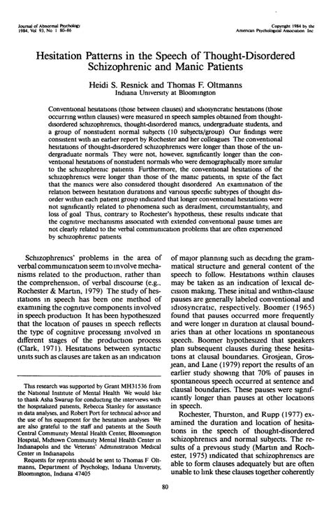Pdf Hesitation Patterns In The Speech Of Thought Disordered