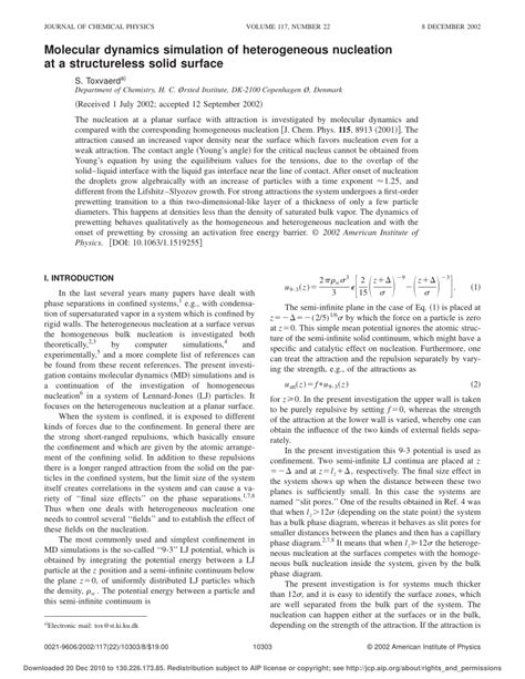 Pdf Molecular Dynamics Simulation Of Heterogeneous Nucleation At A Structureless Solid Surface