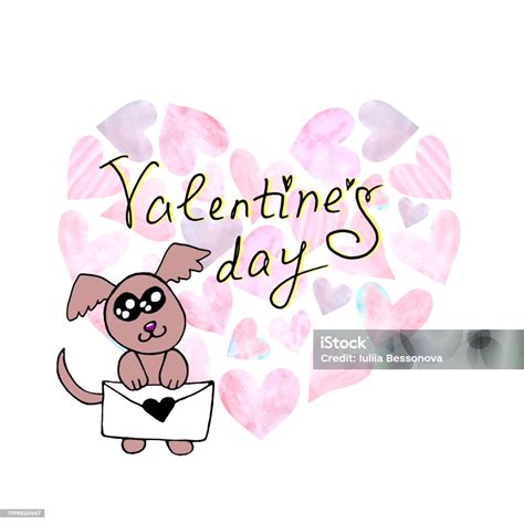 발렌타인 데이 인사말 카드입니다 러브 레터와 간단한 귀여운 색상 개 낙서 엽서 로고 배지 문구 웹용 0명에 대한 스톡 벡터 아트 및 기타 이미지 Istock