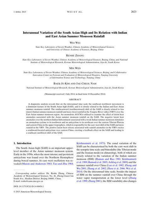 Pdf Interannual Variation Of The South Asian High And Its Relation With Indian And East Asian