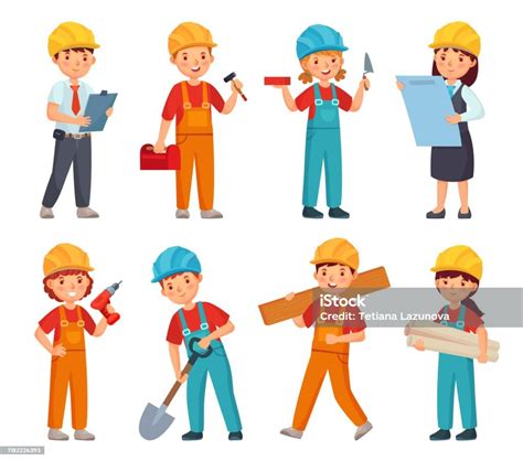 키즈 빌더 빌더 작업 정장에 어린 소년과 소녀 건설 헬멧및 엔지니어링 의상 만화 벡터 세트에서 어린이 아이에 대한 스톡 벡터 아트 및 기타 이미지 Istock