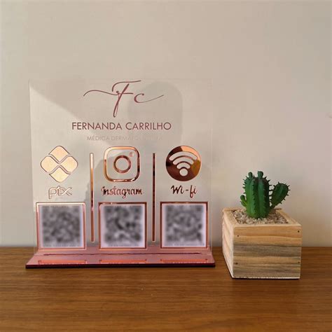 Placa 3 Qr Codes Acrílico Espelhado Pix Instagram Wifi Logo