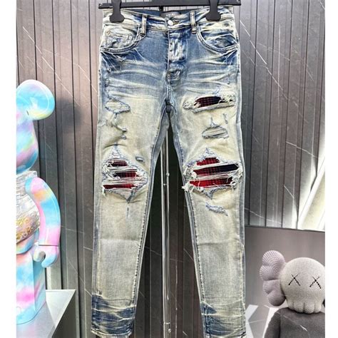 Quần Jean 4 Cúc Amiri Nam Xanh Khói Mài Bạc Gối Vá Đỏ Quần Bò Slimfit Wash Xanh Khói Rách Xước