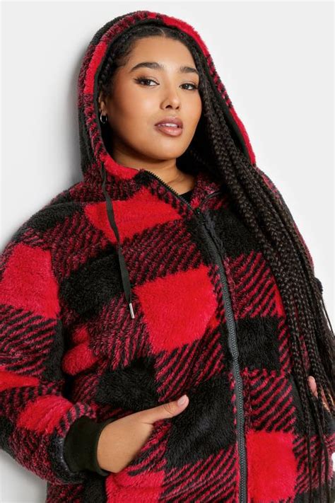 Yours Plus Size Red Check Zip Through Fleece Hoodie Yours Clothing