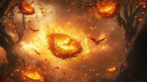 Flaming Birds Nests In A Burning Forest Scene Stock Image Image Of