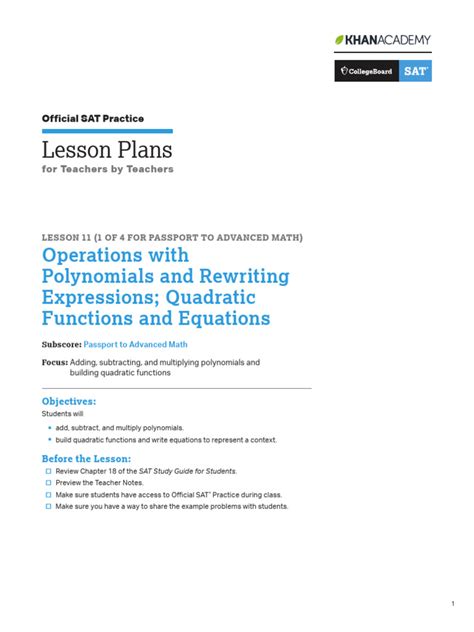 lesson plan 11 math operations with polynomials and rewriting
