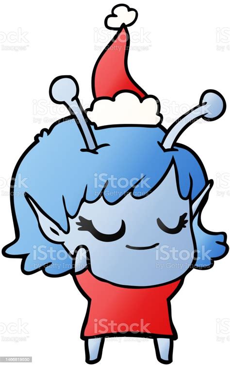 웃는 외계인 소녀 손으로 그린 그라데이션 만화 산타 모자를 쓰고 귀여운에 대한 스톡 벡터 아트 및 기타 이미지 귀여운 그라데이션 낙서 드로잉 Istock