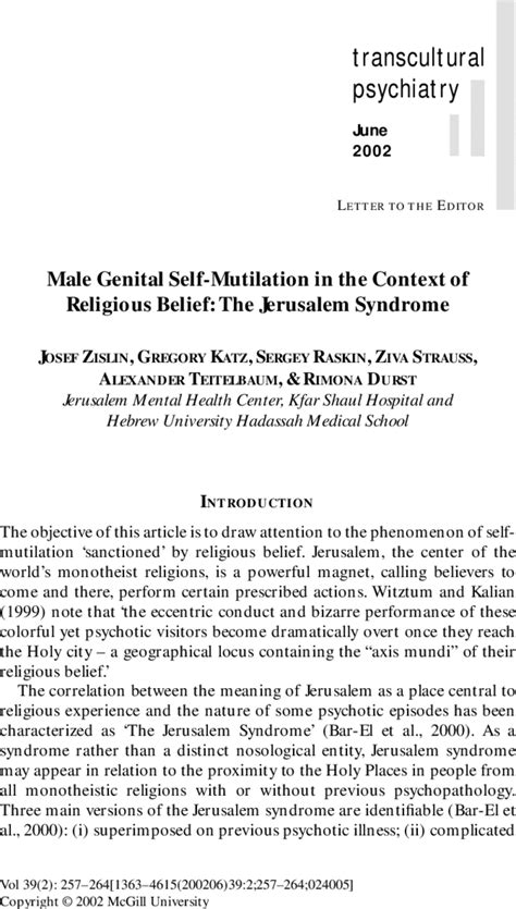 Male Genital Self Mutilation In The Context Of Religious Belief The Jerusalem Syndrome Josef