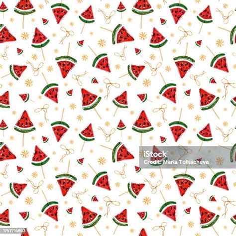 캐러멜 수박 조각 초콜릿 씨앗의 매끄러운 패턴 둥근 화려한 사탕 황금 리본 막대기 막대 사탕 설탕 캐러멜에 과일 사탕 흰색으로 분리된 수채화 그림 가루 설탕에 대한 스톡