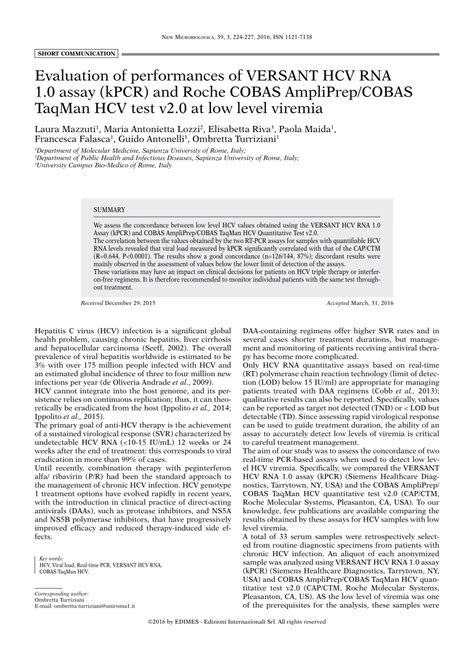 Pdf Evaluation Of Performances Of Versant Hcv Rna 10 Assay Kpcr And Roche Cobas Ampliprep