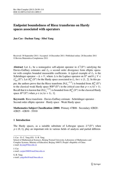 Pdf Endpoint Boundedness Of Riesz Transforms On Hardy Spaces Associated With Operators