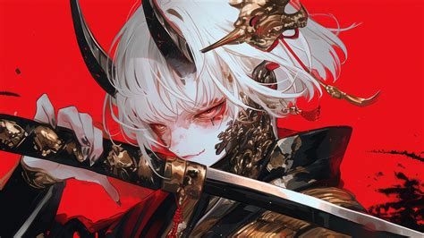 5862a Anime Girl Katana Demon Horn 4k Wallpaper Iphone Phone