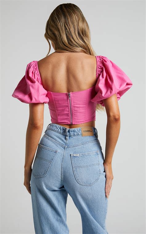 Estella Top Puff Sleeve Corset Bustier Top In Pink Showpo Usa