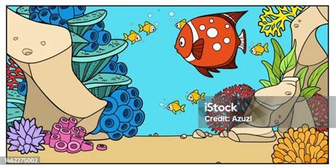 흰색 배경에 색칠하기 위한 돌 아네모네 및 조류 색상 변형이 있는 해저 배경에 작은 물고기 무리로 둘러싸인 큰 물고기 자연에 대한 스톡 벡터 아트 및 기타 이미지 Istock