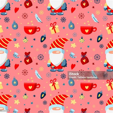 ピンクの背景にクリスマスノーム雪片や贈り物とシームレスなベクトルパターン おとぎ話のベクターアート素材や画像を多数ご用意 おとぎ話