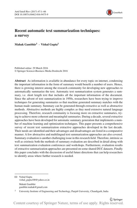 Recent Automatic Text Summarization Techniques A Survey Request Pdf