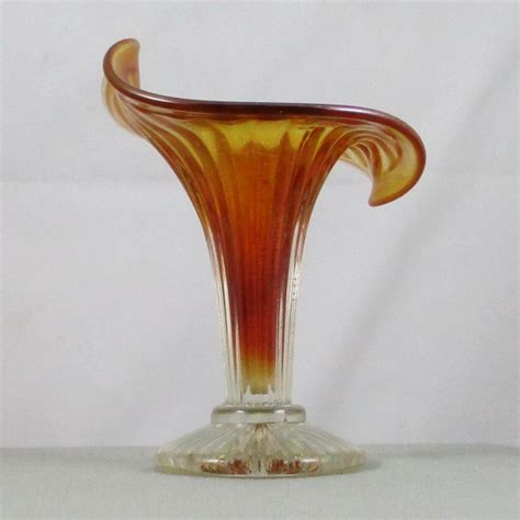 Antique Fenton Footed Fine Rib Marigold Carnival Glass Jip Vase
