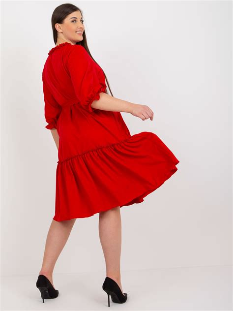 Свободна рокля до коляното с волан в червено Trendo Bg