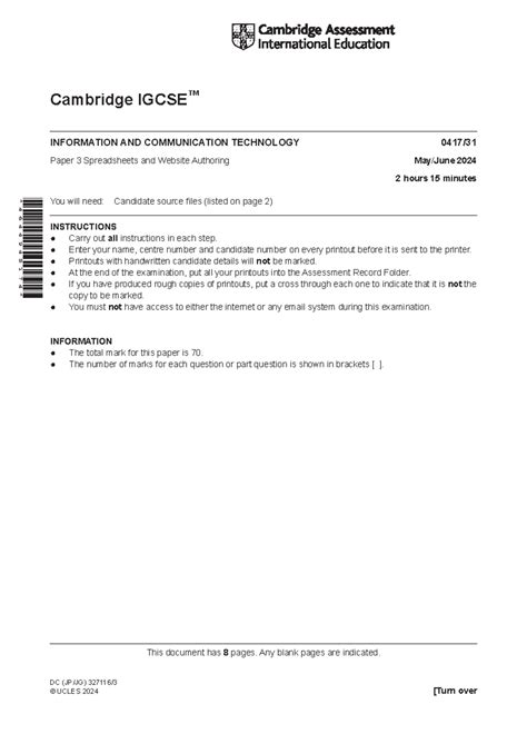 041732 May June 2024 Ict Past Paper Exam Spreadsheets And Web Design