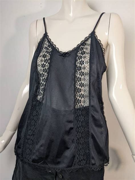 Vintage Lingerie Black Lace Camisole Nylon Lingerie V Neckline Size