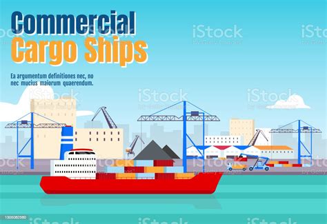 상업용 화물선 배너 플랫 벡터 템플릿 해상 운송 수평 포스터 단어 개념 디자인 타이포그래피가 있는 조선소 만화 일러스트레이션 항구 배경의 화물 선 조선소에 대한 스톡 벡터