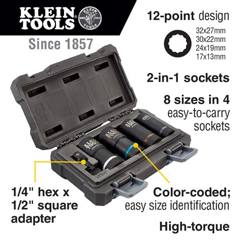 2 In 1 Metric Impact Socket Set 12 Point 5 Piece 66050e Klein