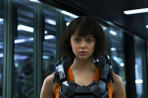 Premium Ai Image A Woman In An Orange Tank Top With Black Armor