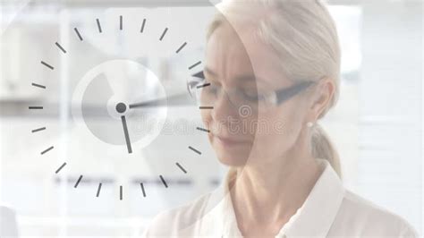 Animation Of Clock Over Caucasian Female Psychologist Stock Video