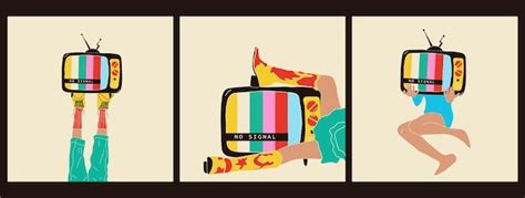 Conjunto De Três Menina Segura Uma Tv Velha Em Suas Pernas Estilo De
