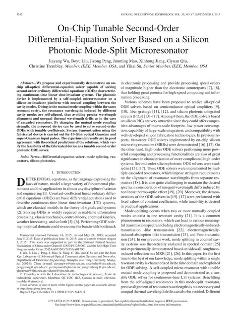 Pdf On Chip Tunable Second Order Differential Equation Solver Based On A Silicon Photonic Mode