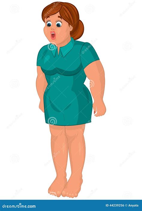 Cartoon Young Fat Woman In Green Dress Barefoot Stock Vector