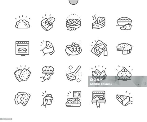 파이와 페이스트리 잘 만들어진 픽셀 완벽한 벡터 얇은 라인 아이콘 30 웹 그래픽 및 응용 프로그램을위한 그리드 2x 간단한 최소한의 그림 엠파나다에 대한 스톡 벡터 아트