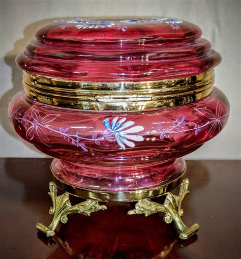 Proantic Bonbonnière Cristal Rose Décor Fleurs Emaillées